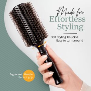 Belula Boar Bristle Round Brush for Blow Drying Set. Round Hair Brush With Medium 2.4" Wooden Barrel. Hairbrush Ideal to Add Volume and Body. Free 3 x Hair Clips & Travel Bag.