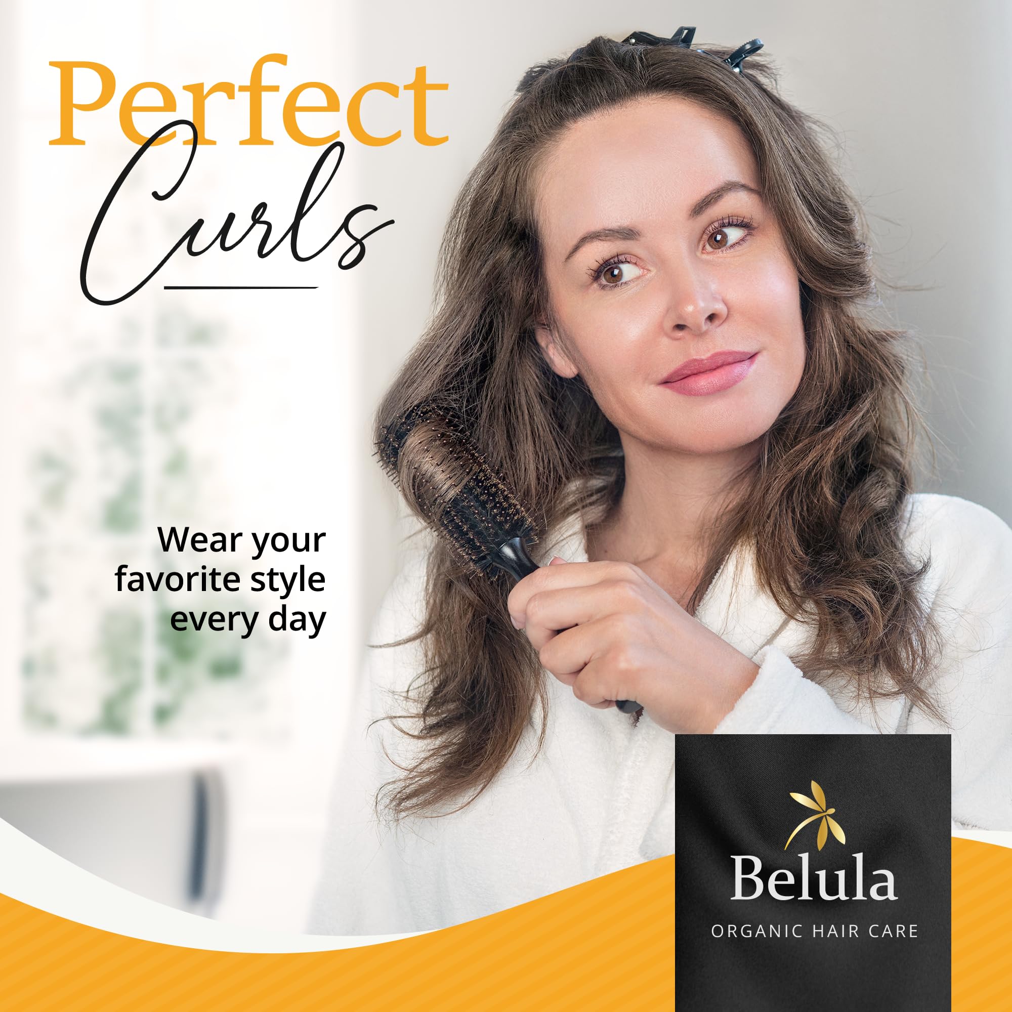 Belula Boar Bristle Round Brush for Blow Drying Set. Round Hair Brush With Medium 2.4" Wooden Barrel. Hairbrush Ideal to Add Volume and Body. Free 3 x Hair Clips & Travel Bag.