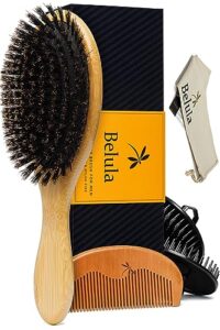 belula 100% boar bristle hair brush for men set. soft hairbrush for thin, normal and short hair. boar bristle brush and wooden comb for men. free 2 x palm brush & travel bag included.