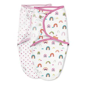 swaddleme original organic swaddle 2-pk, 100% organic cotton adjustable baby wrap, small (0-3 months, 7-14 lbs, up to 26"), chasing rainbows