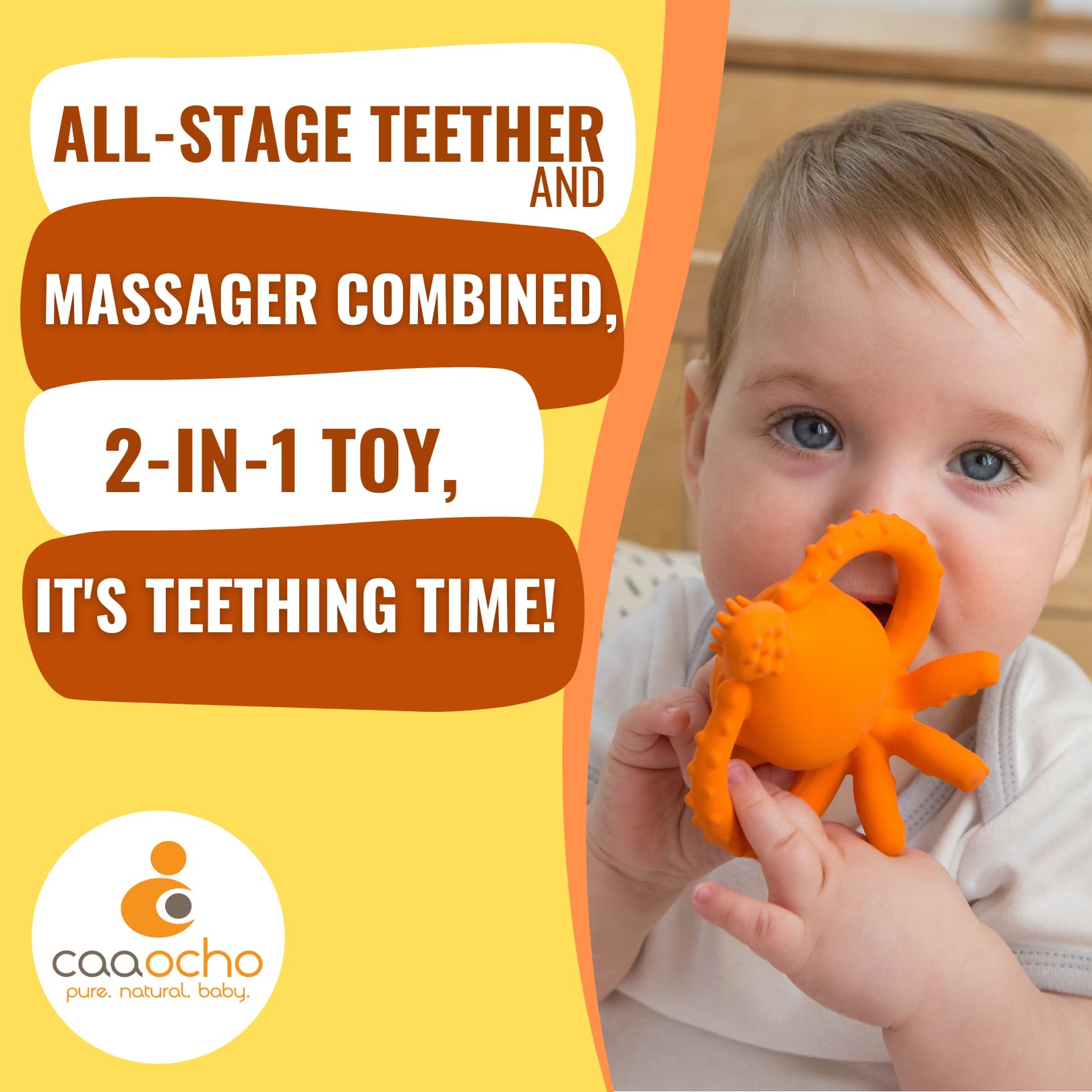 CaaOcho Pure Natural Rubber Teething Gum Massager Baby Toy & Bath Toy - Squid Teether for Babies, Sealed Hole, BPA Free Baby Toy, Hole Free Molar Teether Toy, All Natural Bath Toy