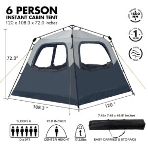 Pacific Pass 6 Person Instant Family Cabin Tent, Water Resistant, Easy Set Up - Navy/Gray