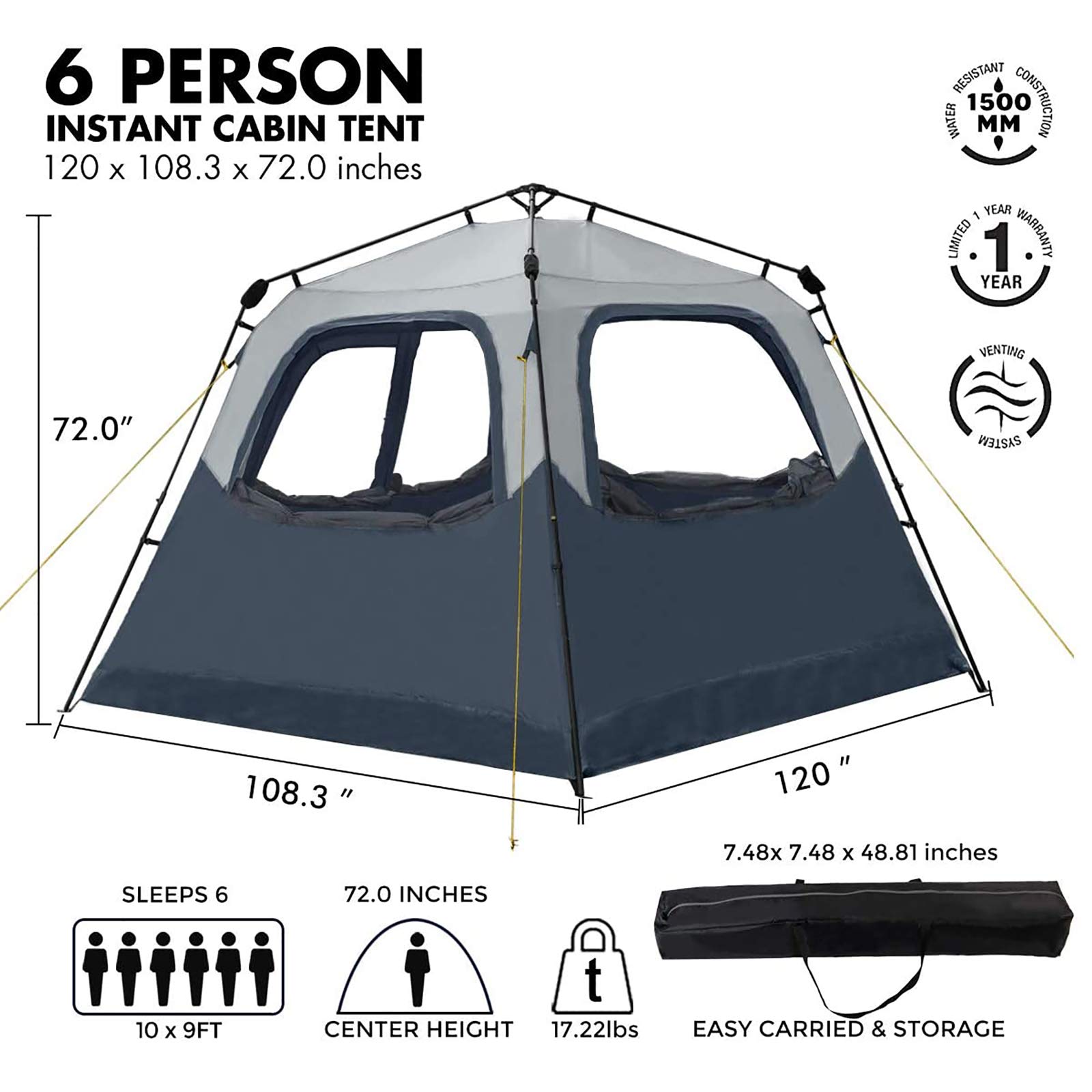 Pacific Pass 6 Person Instant Family Cabin Tent, Water Resistant, Easy Set Up - Navy/Gray