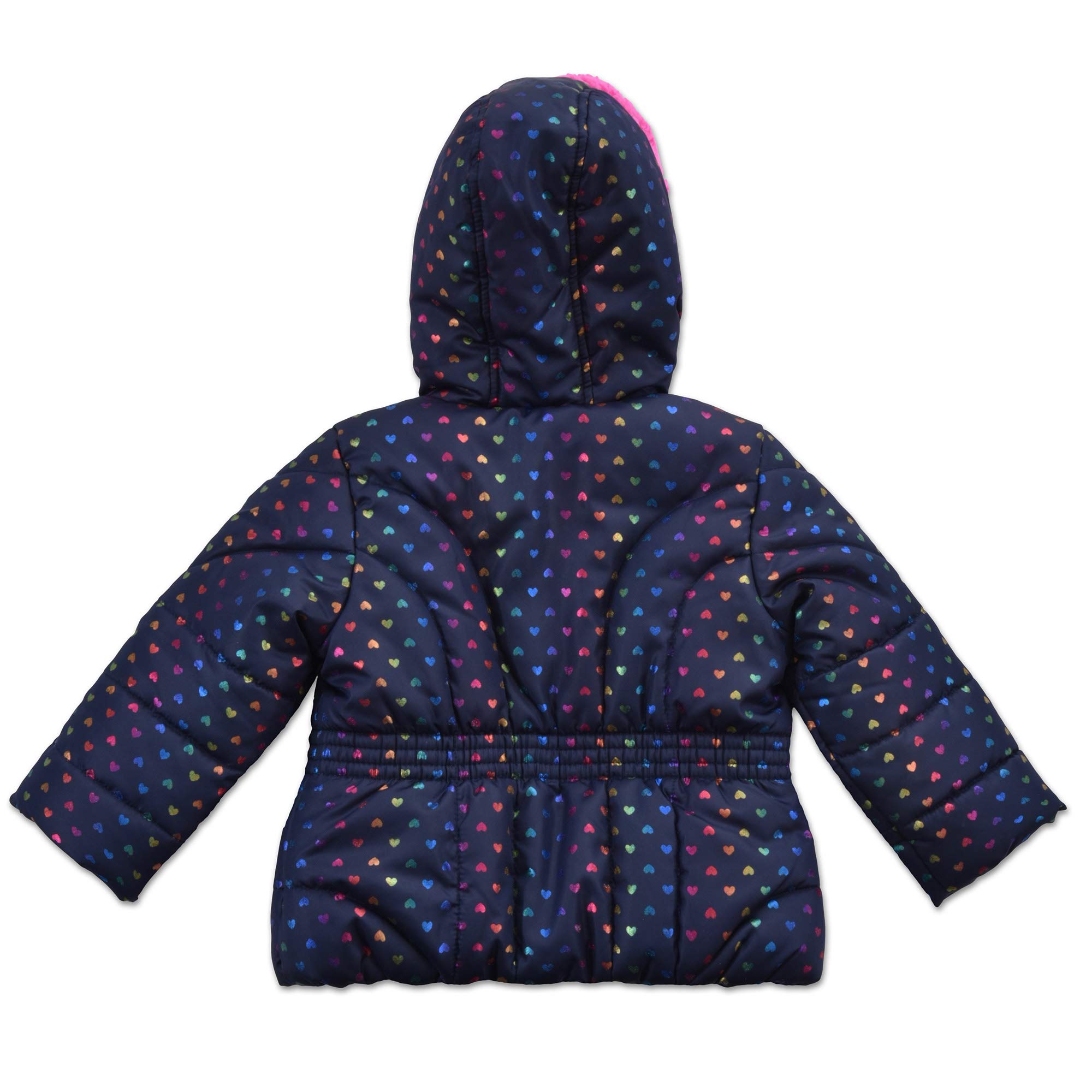 Arctic Quest Toddler Girls Metallic Rainbow Heart Print Snowsuit Fleece Lined Hooded Jacket and Bib Set, Navy Blue & Pink, 5/6