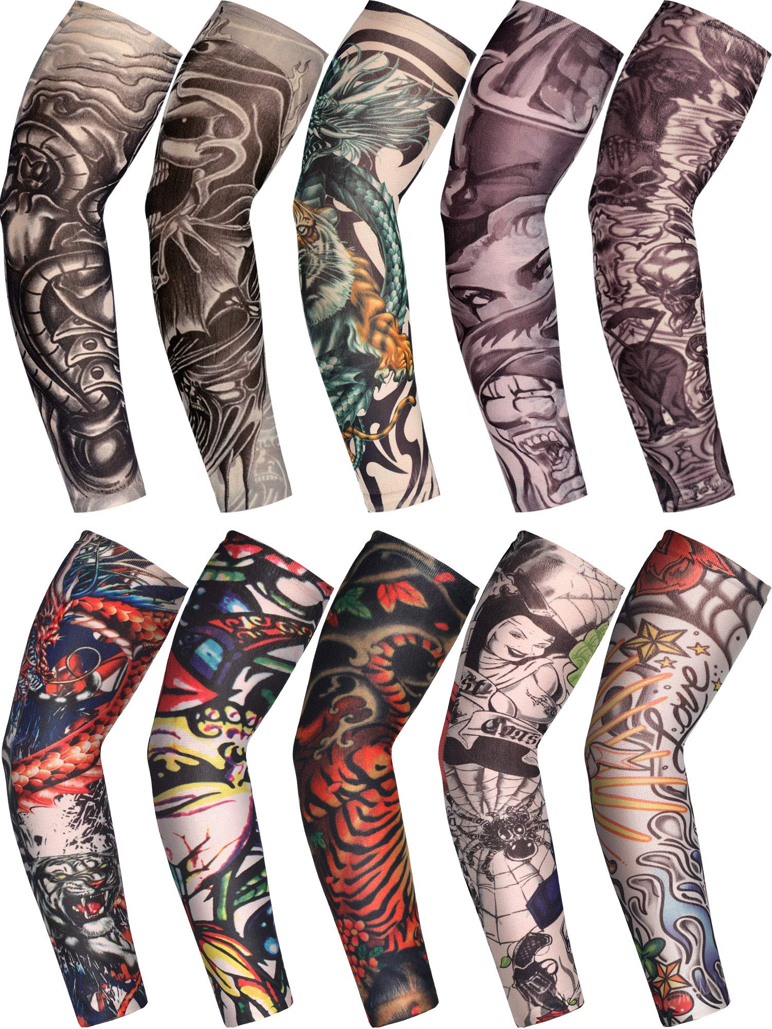 Boao 20 Pcs Men's Cooling Arm Sleeves Long Fingerless Arm Cover Anti Slip UV Protection Sun Temporary Tattoo Arm Sleeves (Novelty Style,Medium)