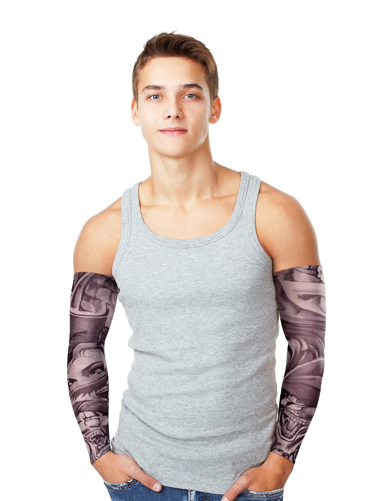 Boao 20 Pcs Men's Cooling Arm Sleeves Long Fingerless Arm Cover Anti Slip UV Protection Sun Temporary Tattoo Arm Sleeves (Novelty Style,Medium)