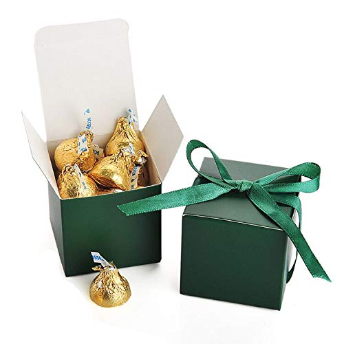 AWELL Dark Green Gift Candy Box Bulk 2x2x2 inches with Green Ribbon Party Favor Box,Pack of 50