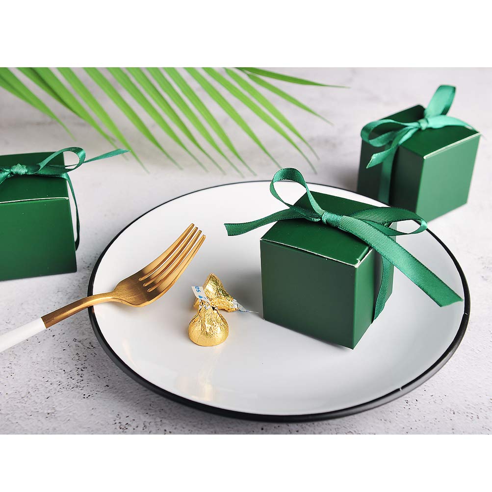 AWELL Dark Green Gift Candy Box Bulk 2x2x2 inches with Green Ribbon Party Favor Box,Pack of 50