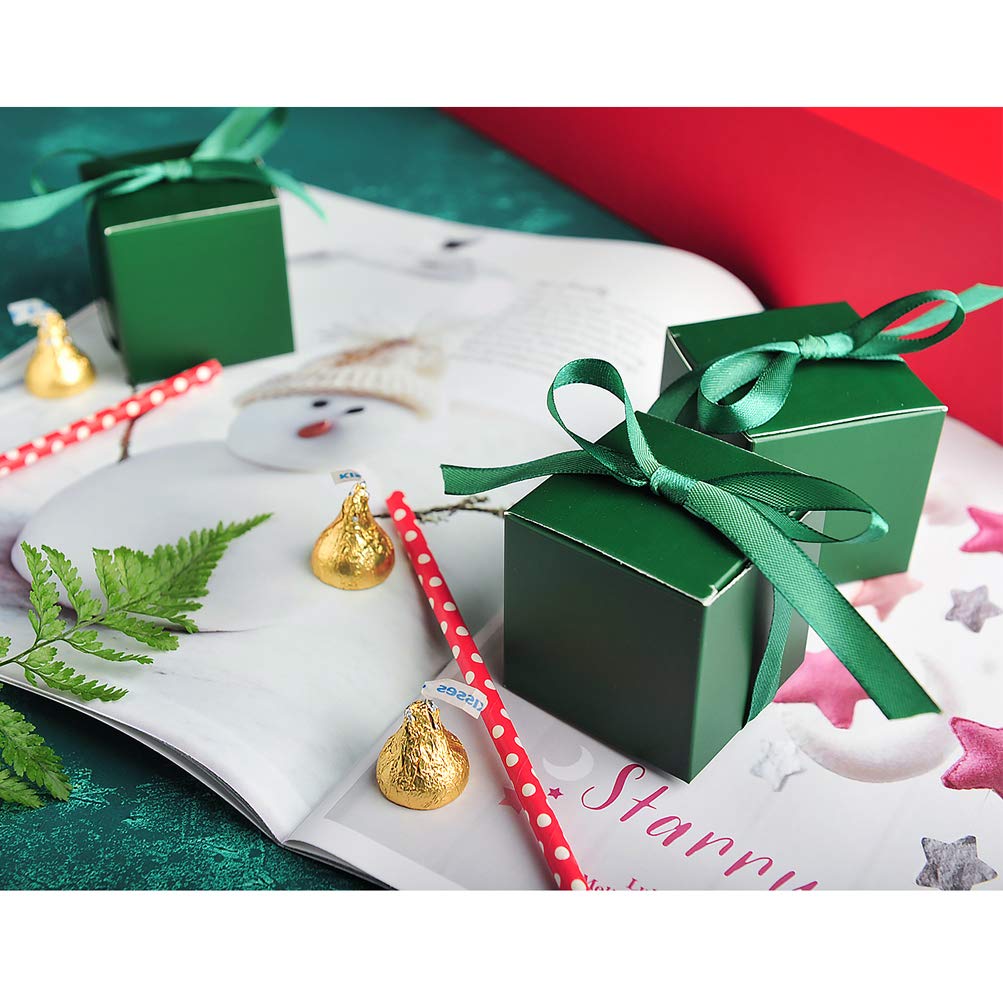 AWELL Dark Green Gift Candy Box Bulk 2x2x2 inches with Green Ribbon Party Favor Box,Pack of 50