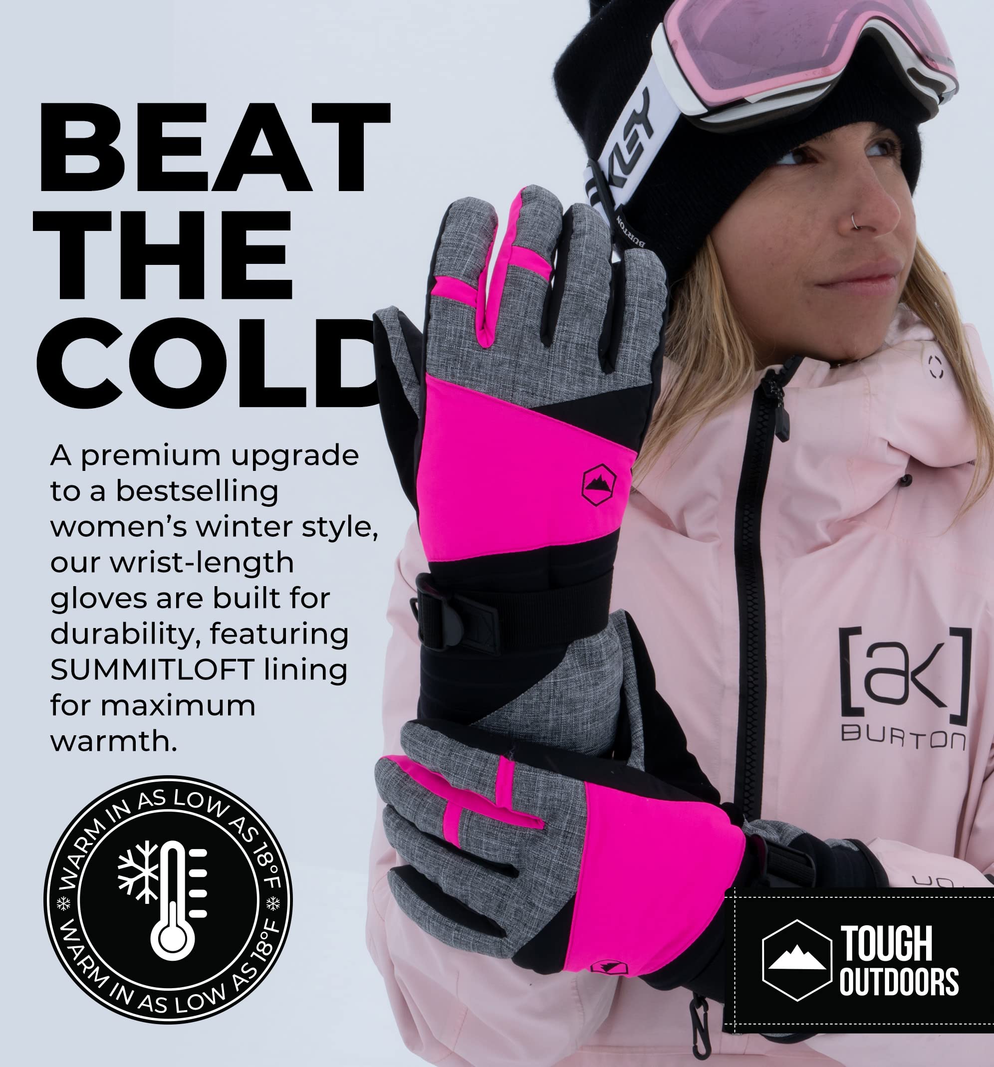 Tough Outdoors Women's Ski Gloves - Womens Snow Gloves - Winter Waterproof Snow Gloves - Adult Snow Gloves - Ladies Snowboarding Gloves