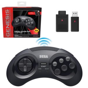 retro-bit sega genesis 2.4 ghz wireless controller for sega genesis original/mini, switch, pc, mac - includes controller, 2 receivers & storage case (black)