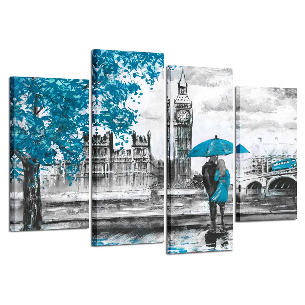 KREATIVE ARTS Black and White Wall Art HD Prints Landscape Canvas Paintings Blue London Street Artwork Man and Woman Under Red Umbrella Modern Wall Decor Pictures