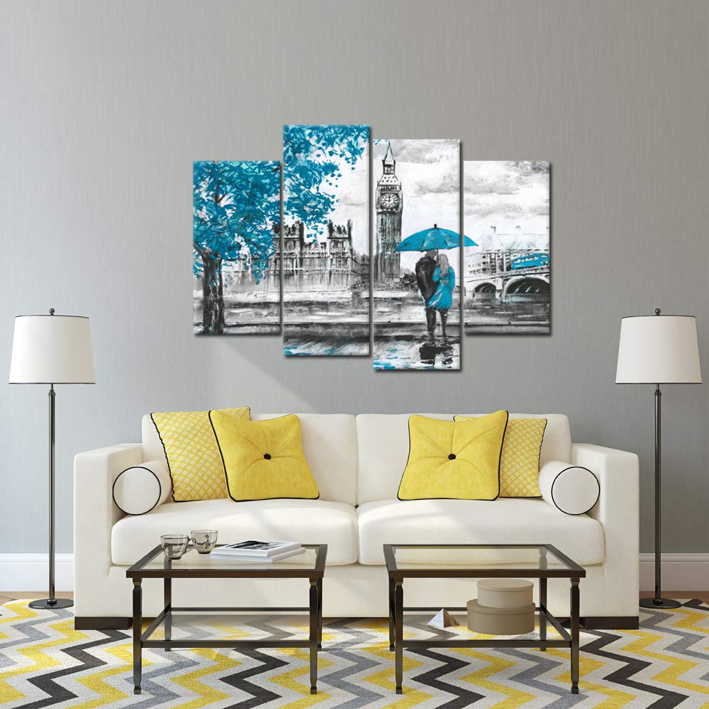 KREATIVE ARTS Black and White Wall Art HD Prints Landscape Canvas Paintings Blue London Street Artwork Man and Woman Under Red Umbrella Modern Wall Decor Pictures