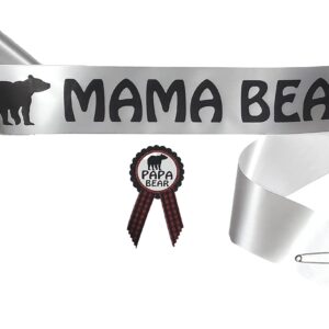 Mama Bear Baby Shower Sash & Daddy to Be Badge White & Black with Rhinestone Pin by Amy's Bubbling Boutique