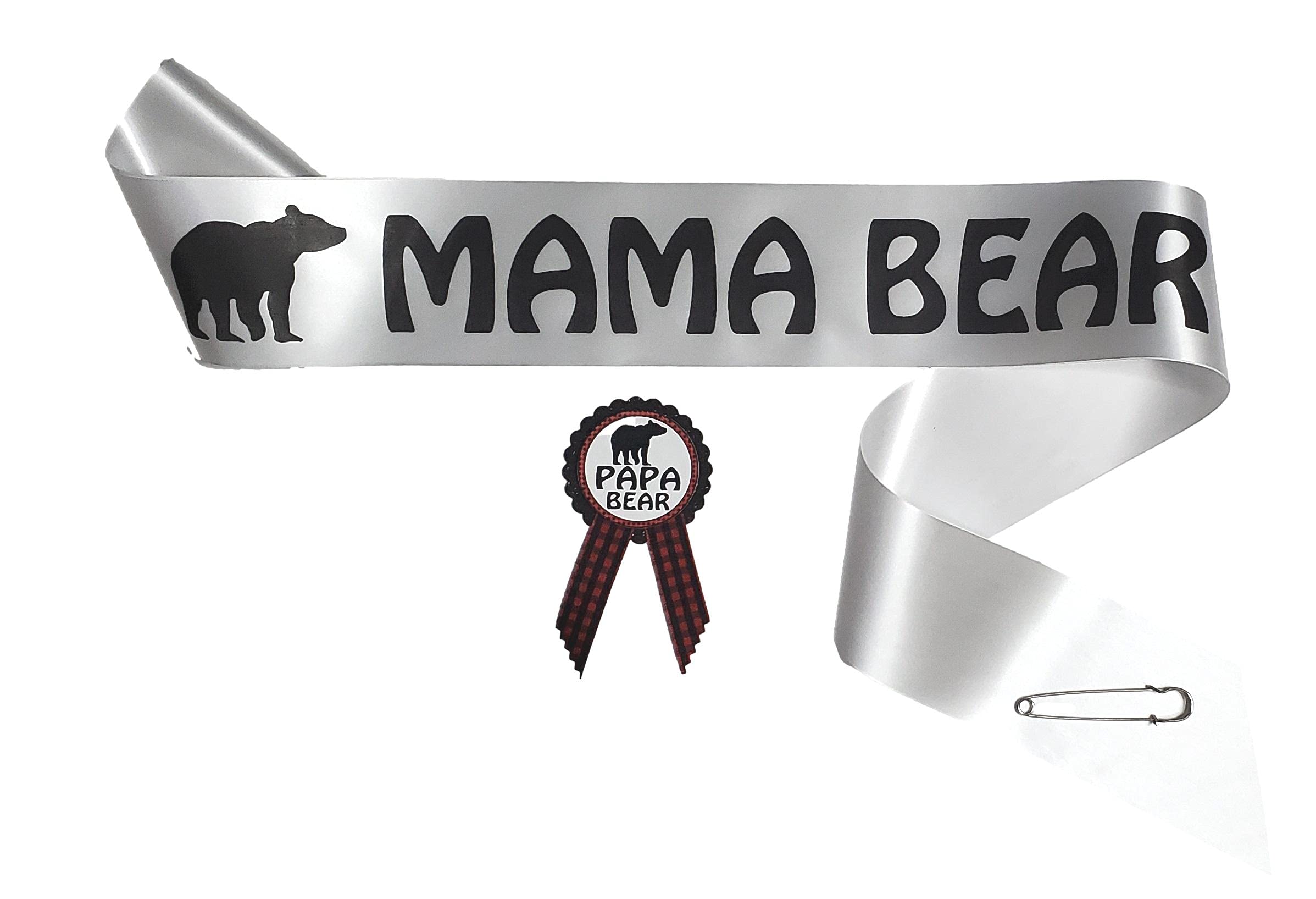 Mama Bear Baby Shower Sash & Daddy to Be Badge White & Black with Rhinestone Pin by Amy's Bubbling Boutique