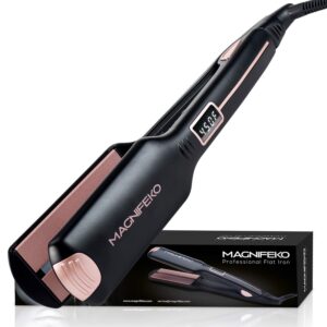 magnifeko professional flat iron hair straightener wide plate & digital display - dual voltage titanium hair straighteners (black rosegold)