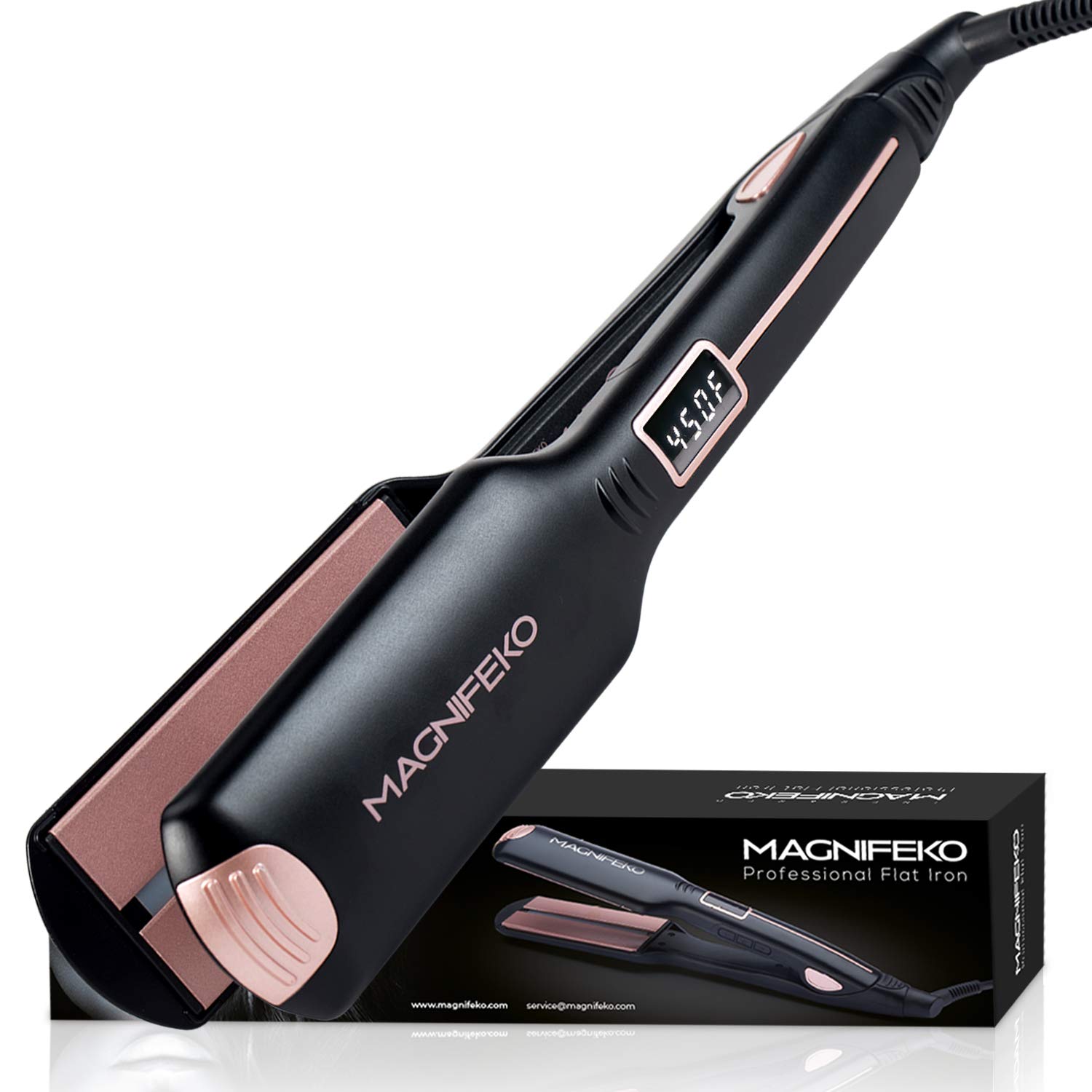 Magnifeko Professional Flat Iron Hair Straightener Wide Plate & Digital Display - Dual Voltage Titanium Hair Straighteners (Black Rosegold)