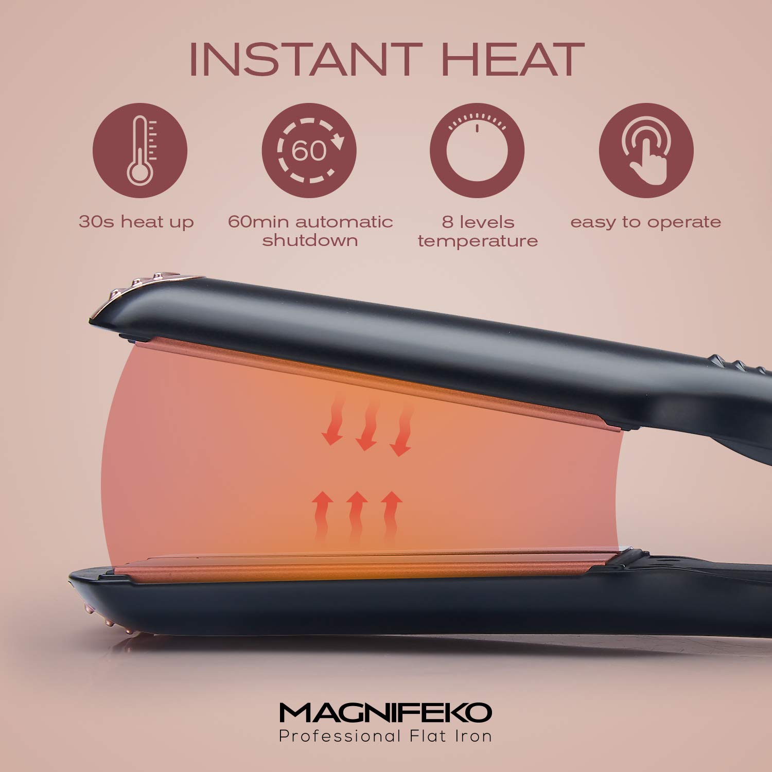 Magnifeko Professional Flat Iron Hair Straightener Wide Plate & Digital Display - Dual Voltage Titanium Hair Straighteners (Black Rosegold)