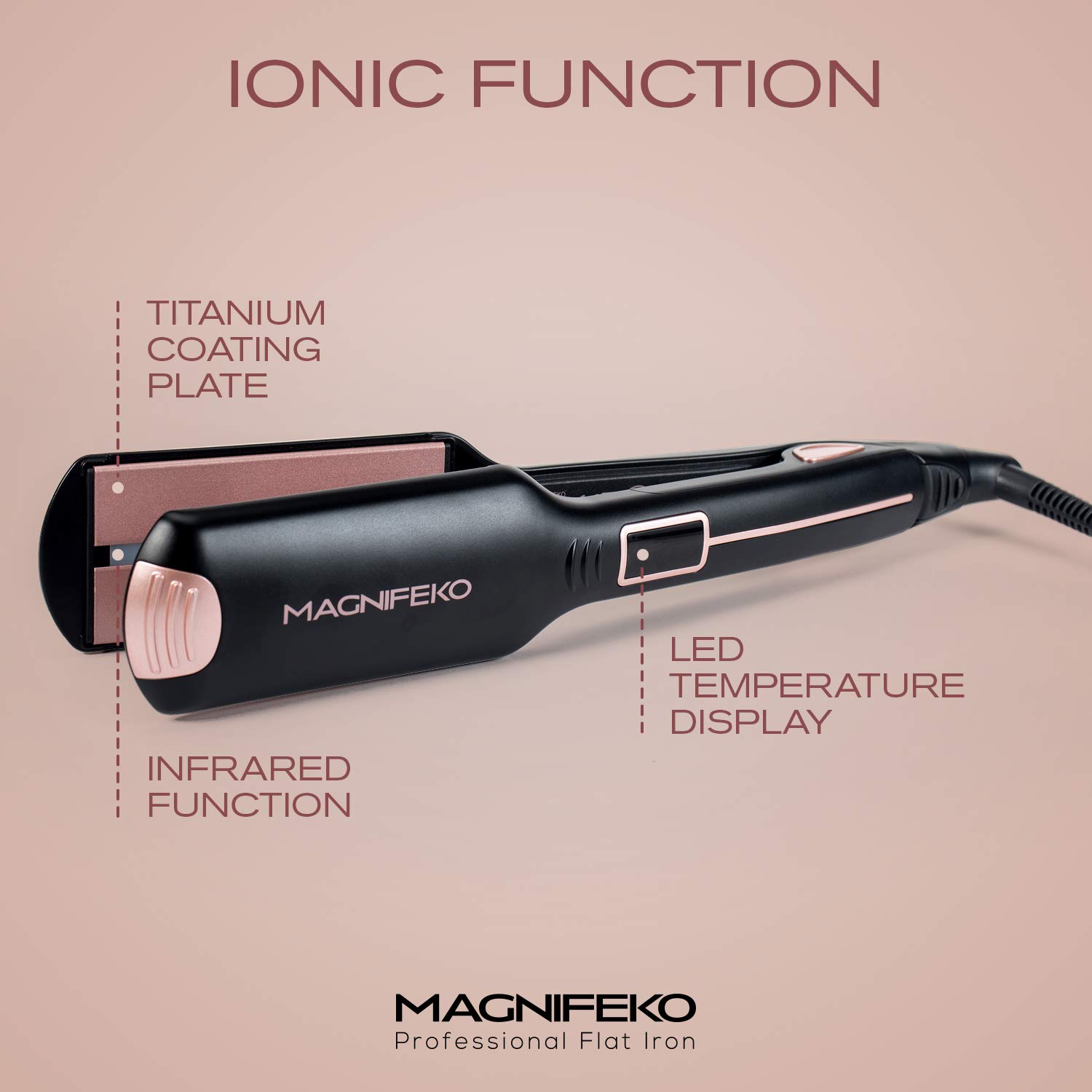 Magnifeko Professional Flat Iron Hair Straightener Wide Plate & Digital Display - Dual Voltage Titanium Hair Straighteners (Black Rosegold)