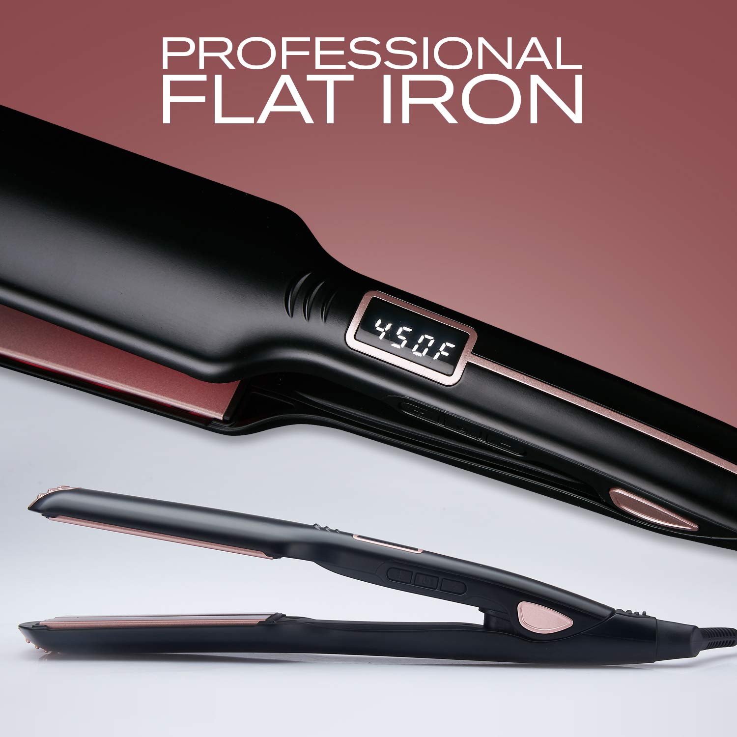 Magnifeko Professional Flat Iron Hair Straightener Wide Plate & Digital Display - Dual Voltage Titanium Hair Straighteners (Black Rosegold)