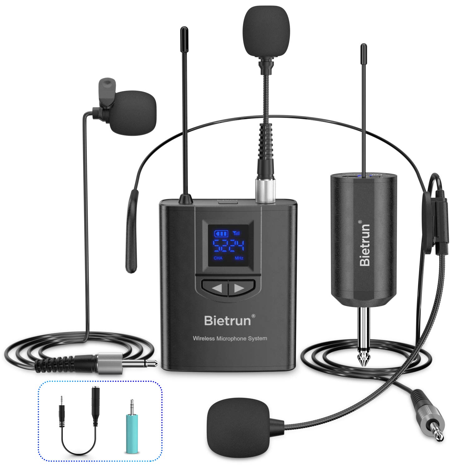 Bietrun UHF Wireless Lavalier Lapel Microphone System/Headset Mic/Stand Mic, 165ft Range, Rechargeable Transmitter Receiver, 1/4" Output, for iPhone,Android,PA Speaker,DSLR Camera,YouTube, Recording