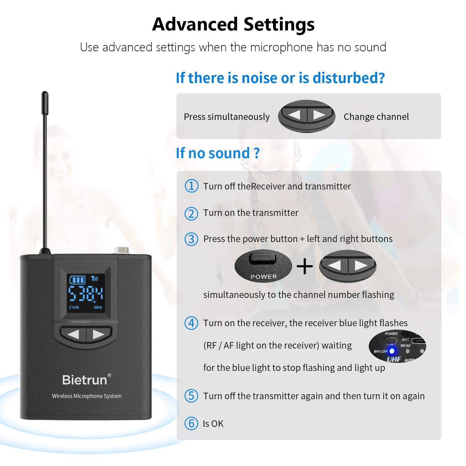 Bietrun UHF Wireless Lavalier Lapel Microphone System/Headset Mic/Stand Mic, 165ft Range, Rechargeable Transmitter Receiver, 1/4" Output, for iPhone,Android,PA Speaker,DSLR Camera,YouTube, Recording