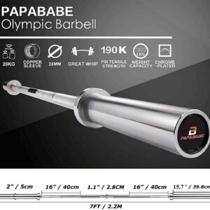 PAPABABE Olympic Bar 7-Foot Solid Chrome Barbell Weights Lifting Power Lifting (2-inch)