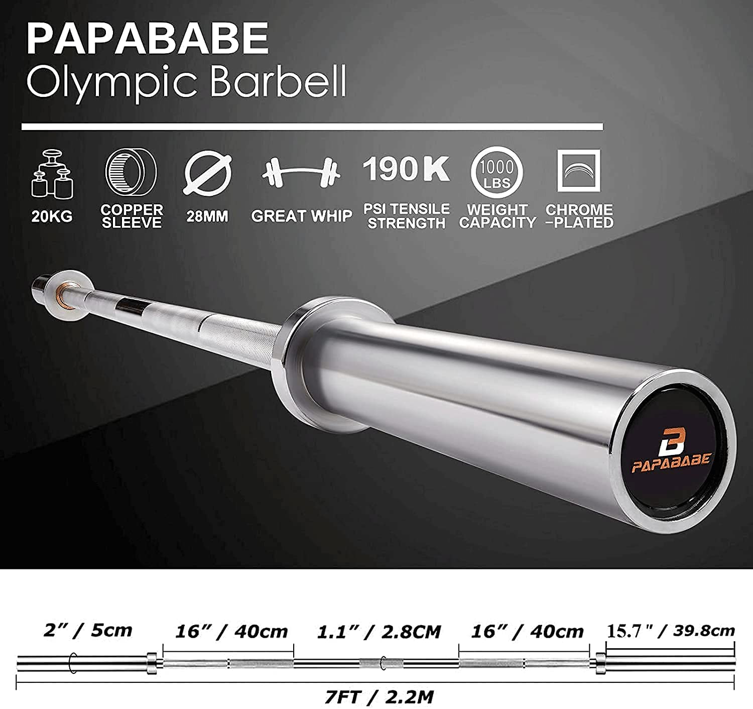 PAPABABE Olympic Bar 7-Foot Solid Chrome Barbell Weights Lifting Power Lifting (2-inch)