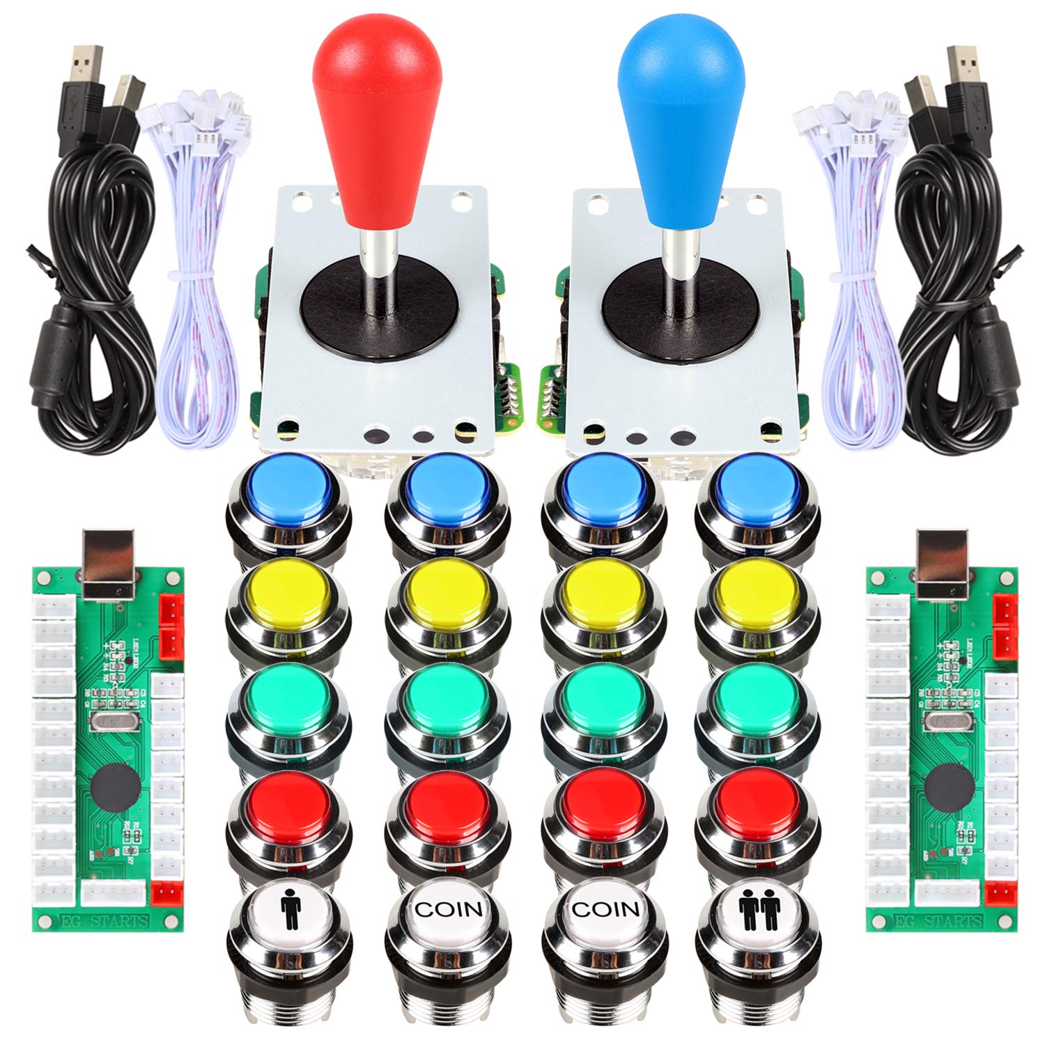 Fosiya 2 Player Arcade Games Ellipse Oval Style 8 Ways Joystick + 20 x LED Chrome Arcade Buttons for Video Games Standard Controllers All Windows PC MAME Raspberry Pi (Mixed Colors Chrome Buttons)