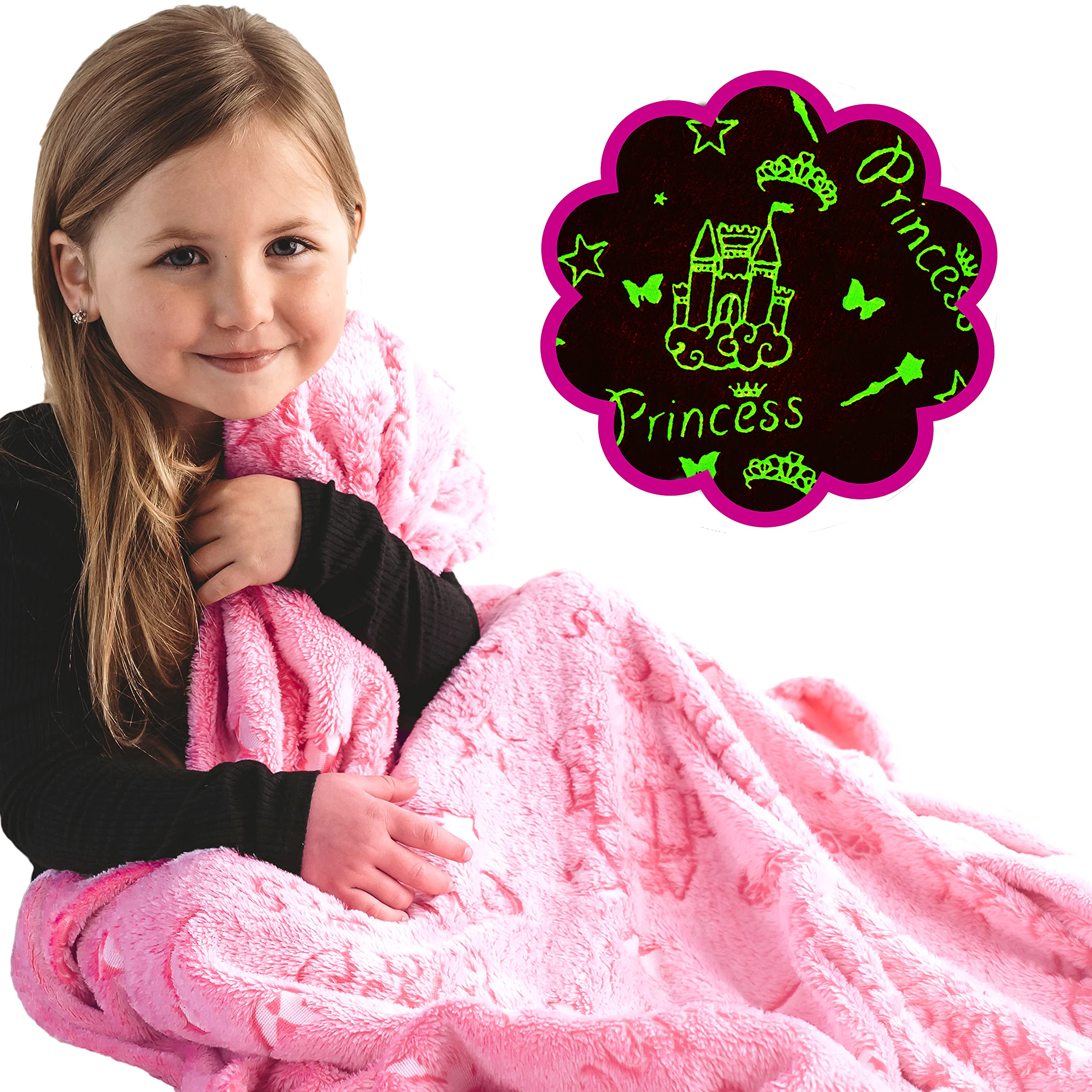 Princess Blanket Glow in The Dark Luminous Magical Blanket for Little Girls - Soft Plush Pink Fantasy Castle Blanket Throw for Kids - Large 60in x 50in Glowing Stars Blankets Gift for Girls