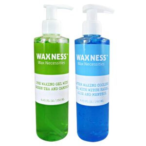 waxness pre post waxing gel kit with green tea and camphor pre gel and menthol cooling gel 2 x 8.45 fl oz 250 ml