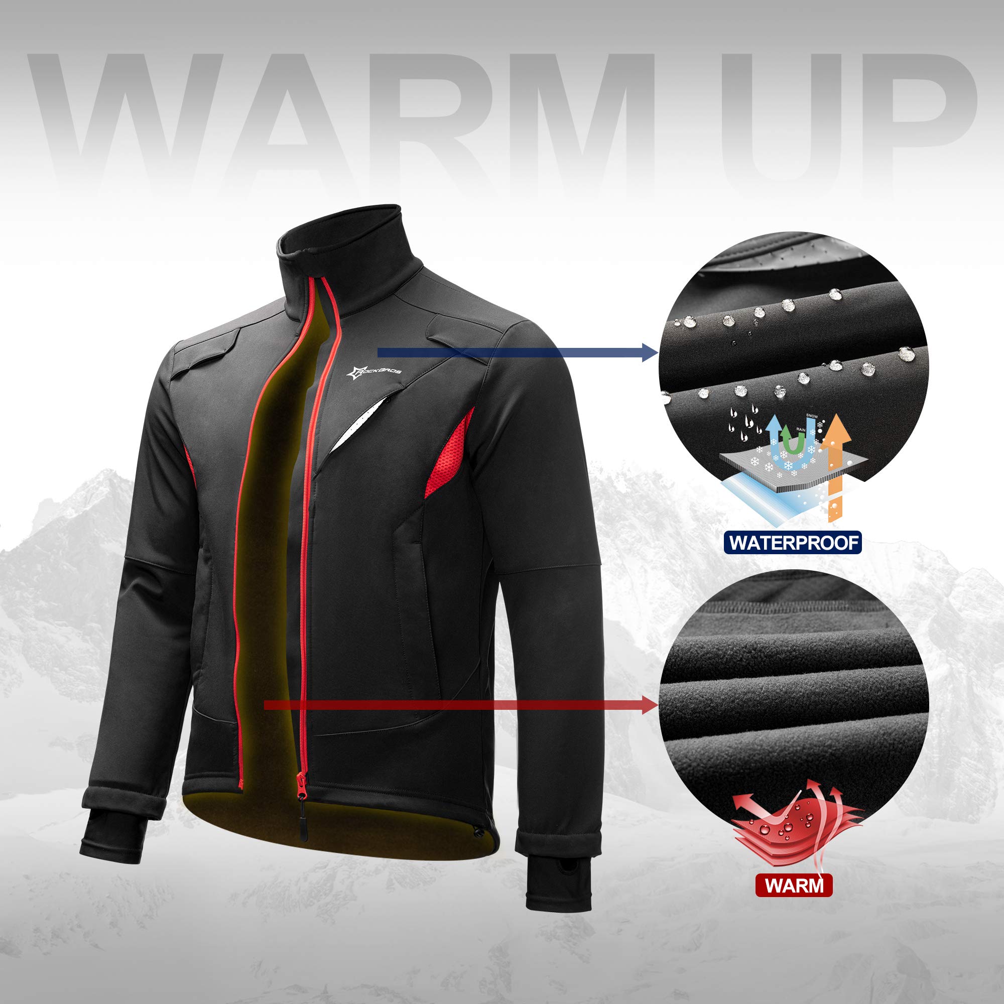 ROCKBROS Winter Cycling Jacket for Men Thermal Fleece Windproof Jacket Running Biking Hiking