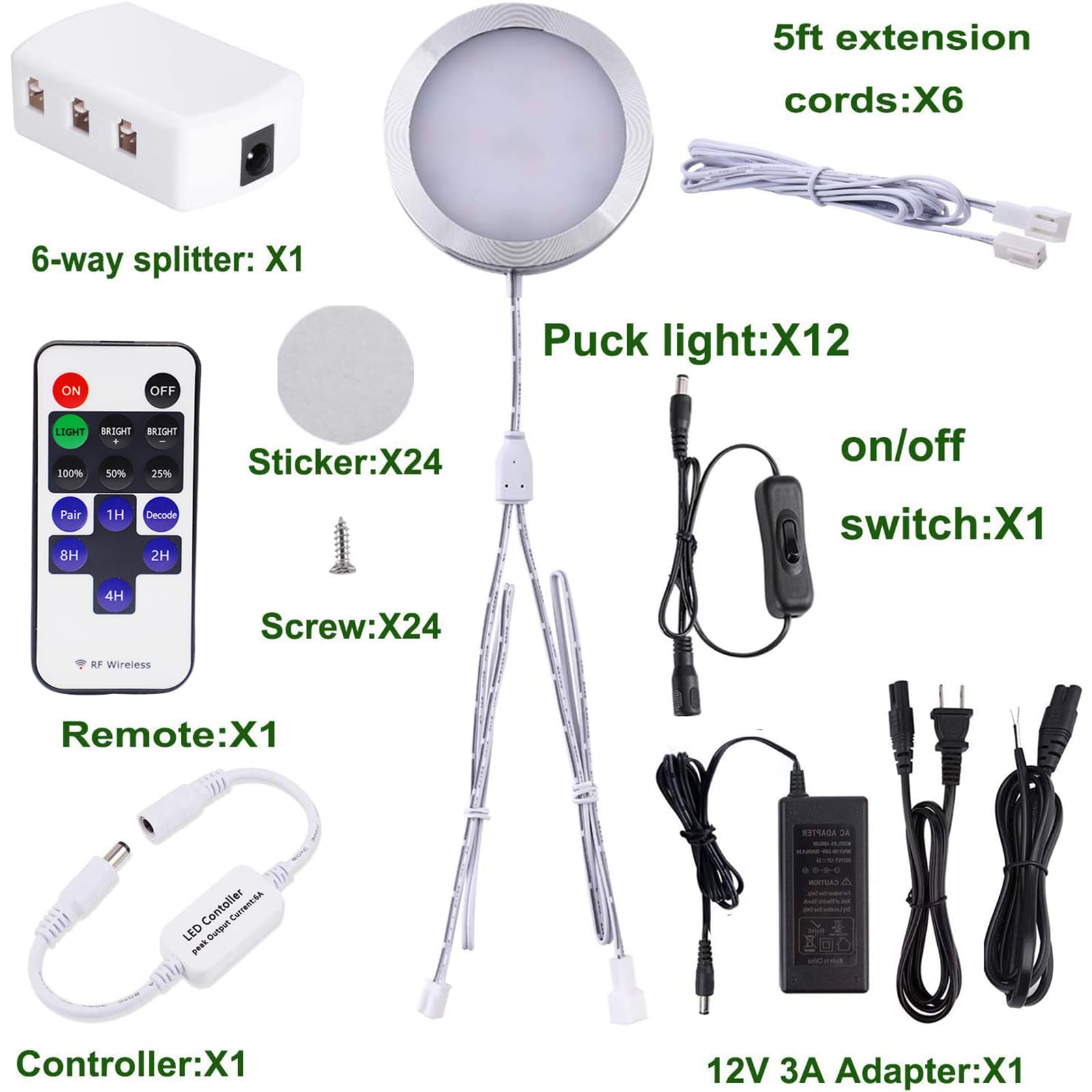 AIBOO Linkable Under Cabinet LED Lighting 12V Dimmable Puck Lights with Wireless RF Remote Control, Hardwired & Wall Plug in for Kitchen Mood Lighting (Daylight White, 12 Lights Kit)