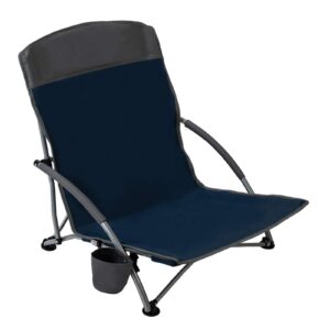 pacific pass lightweight camp and beach chair w/ built-in cup holder, includes carry bag - navy/gray