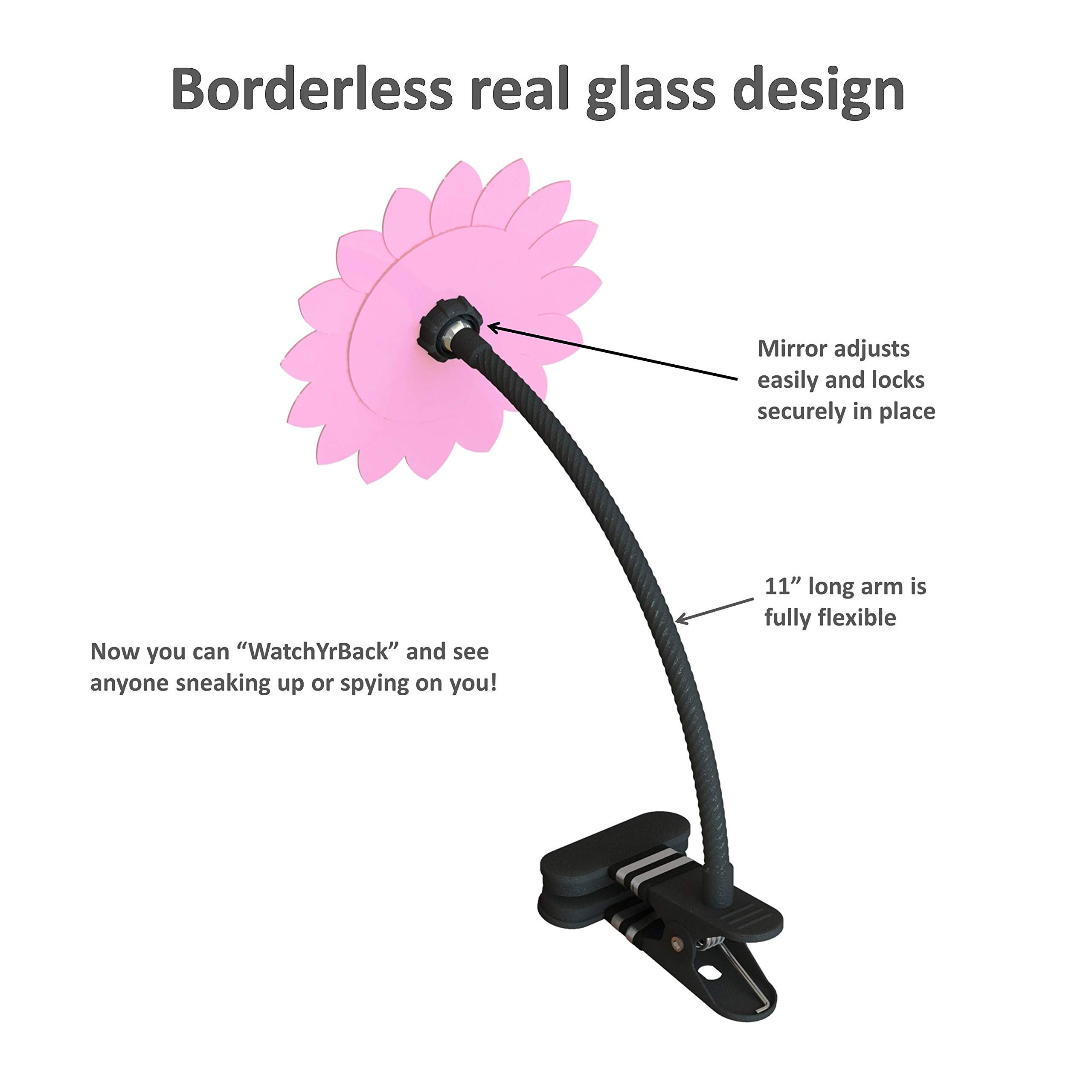 WatchYrBack Clip-On Convex Desk and Cubicle Mirror to See Behind You. Pink Flower Design. Wide Angle View Clear Reflection. Real Glass Mirror. Clip to Monitor and Anywhere up to 2" Thick