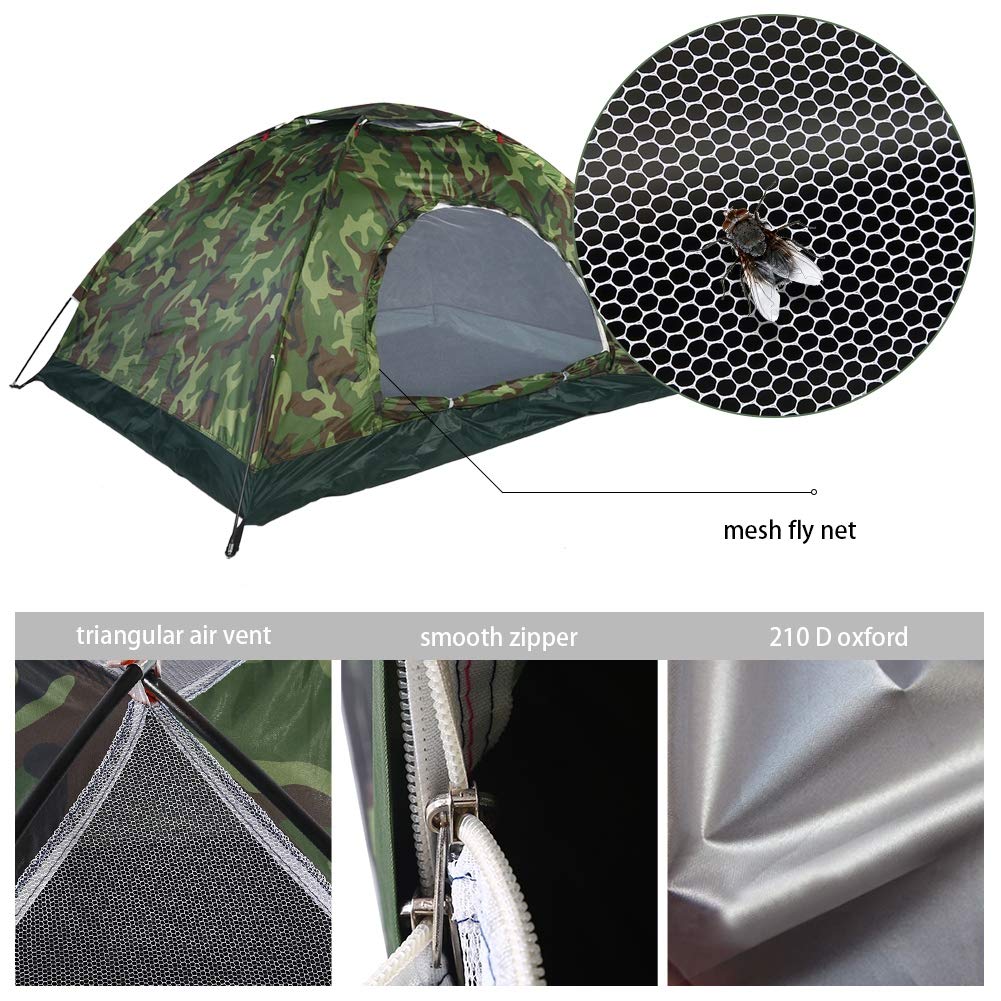 Outdoor Tent, 2 Persons 40 UV Protection Tent Waterproof Camouflage Portable Tent for Camping Hiking and Spare Parts