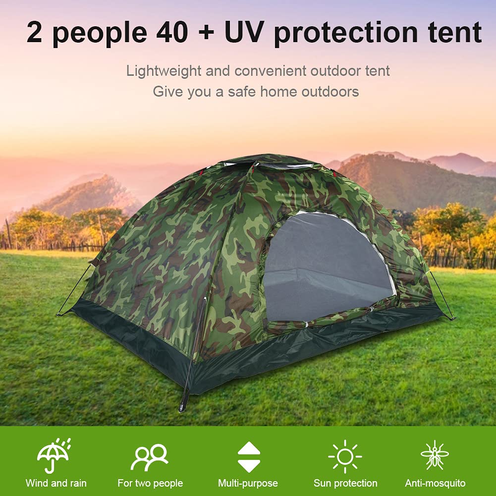 Outdoor Tent, 2 Persons 40 UV Protection Tent Waterproof Camouflage Portable Tent for Camping Hiking and Spare Parts