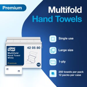 Tork Multifold Hand Towel White, Premium Quality, 250 Towels per Pack, 12 Packs, Fits H2 Towel Dispensers