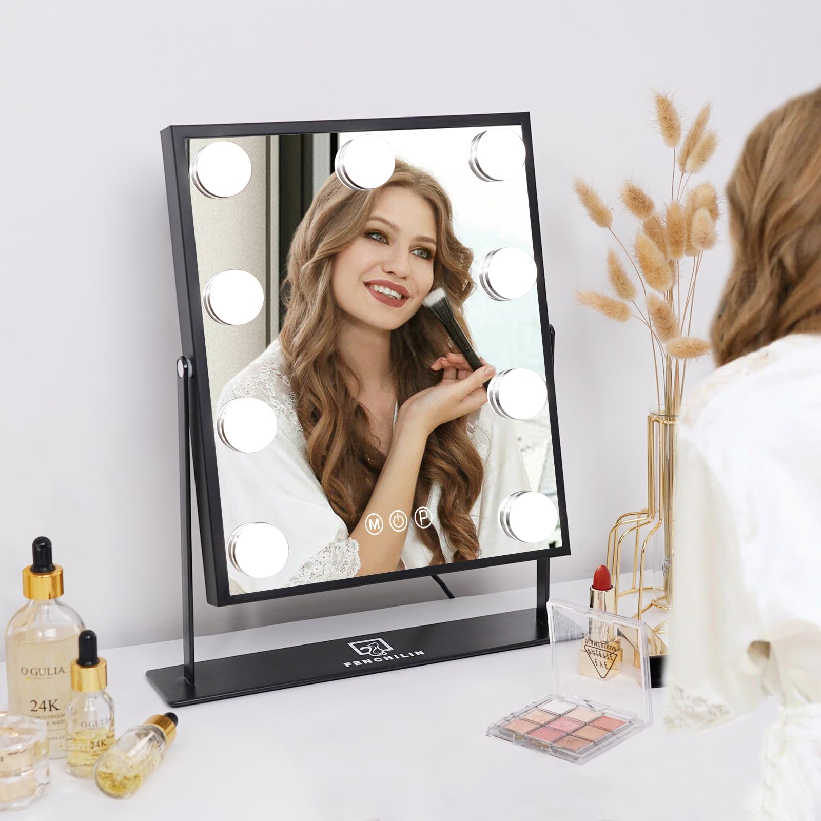 FENCHILIN Hollywood Mirror with Light Lighted Makeup Mirror Vanity Makeup Mirror Smart Touch Control 3 Colors Dimable Light Detachable 10X Magnification 360°Rotation(Black)