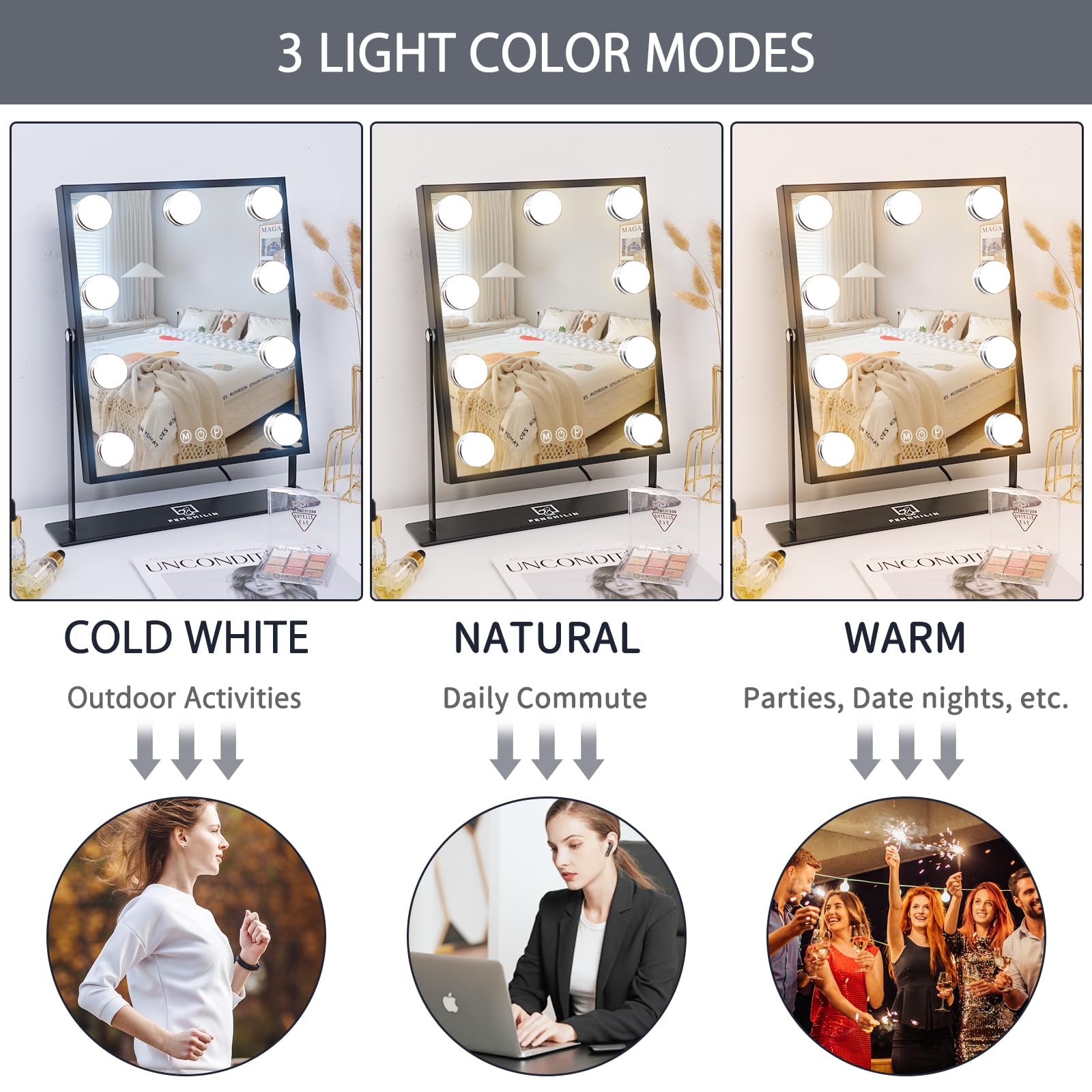 FENCHILIN Hollywood Mirror with Light Lighted Makeup Mirror Vanity Makeup Mirror Smart Touch Control 3 Colors Dimable Light Detachable 10X Magnification 360°Rotation(Black)