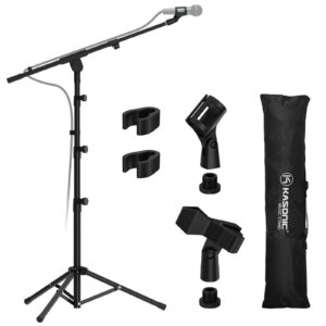 k kasonic - microphone stand, heavy duty adjustable collapsible tripod boom mic stands with mic clip holder for performance, karaoke singing, speech, wedding, stage and outdoor activity, black