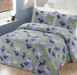 better home style grey blue and green dinosaurs dinosaurs world kids/boys/toddler coverlet bedspread quilt set with pillowcases # dino lime (queen/full)