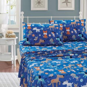 Better Home Style Playing Puppy Blue Kids/Boys/Toddler 4 Piece Sheet Set with Woof Woof Wagging Dogs Pups and Puppies Includes Pillowcases Flat and Fitted Sheets # Blue Dog (Full)