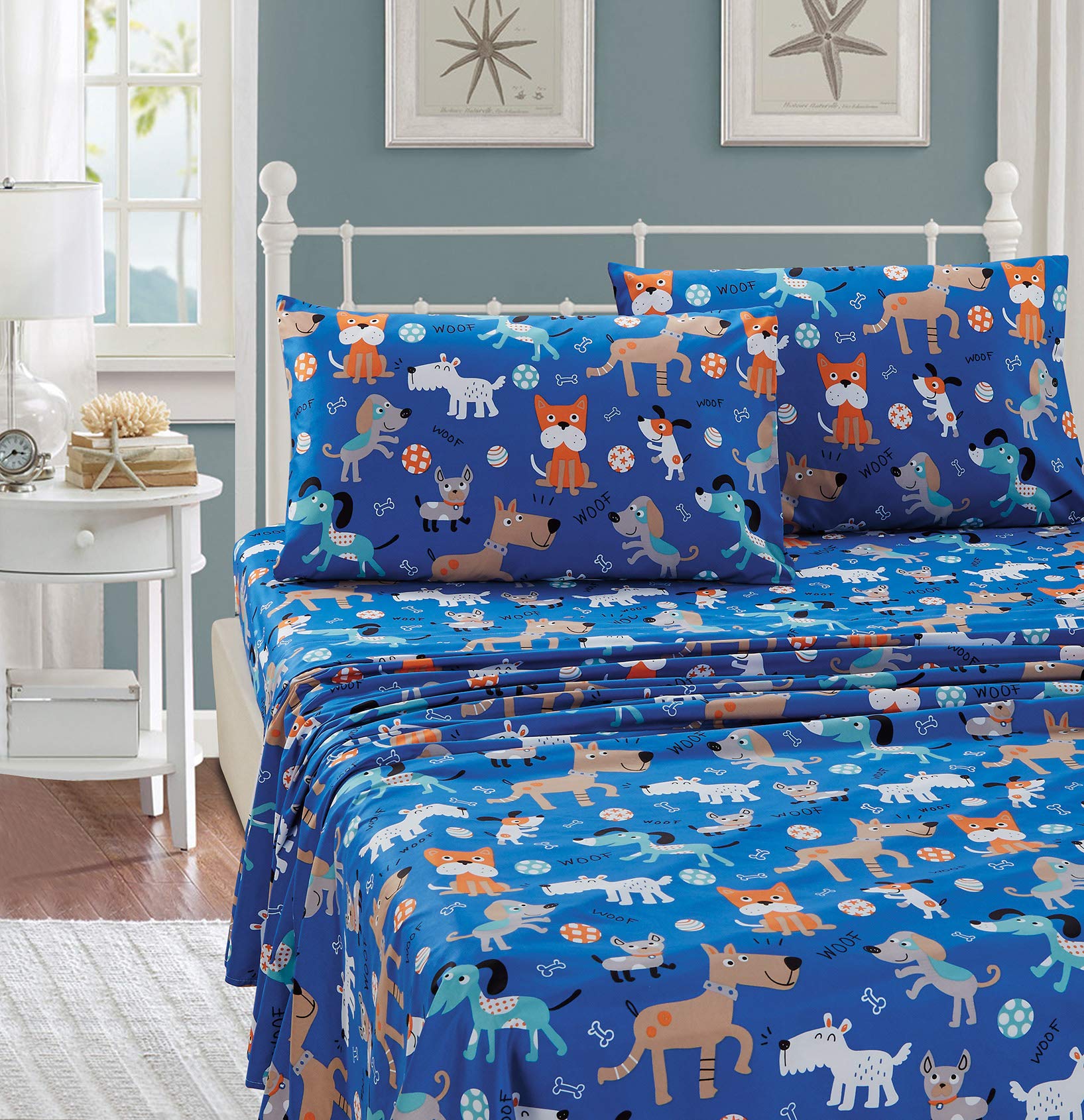 Better Home Style Playing Puppy Blue Kids/Boys/Toddler 4 Piece Sheet Set with Woof Woof Wagging Dogs Pups and Puppies Includes Pillowcases Flat and Fitted Sheets # Blue Dog (Full)