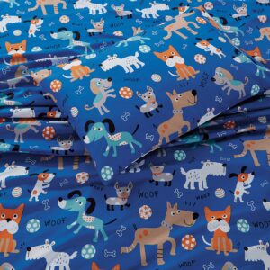 Better Home Style Playing Puppy Blue Kids/Boys/Toddler 4 Piece Sheet Set with Woof Woof Wagging Dogs Pups and Puppies Includes Pillowcases Flat and Fitted Sheets # Blue Dog (Full)