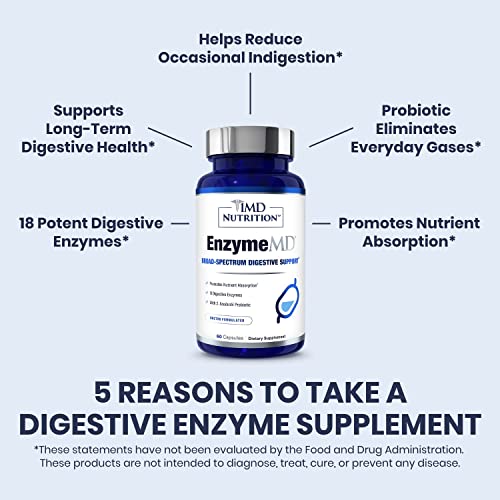 1MD Nutrition EnzymeMD - Digestive Enzymes Supplement - Doctor Formulated | 18 Plant-Based Enzymes - Gas & Bloating Support | 60 Capsules