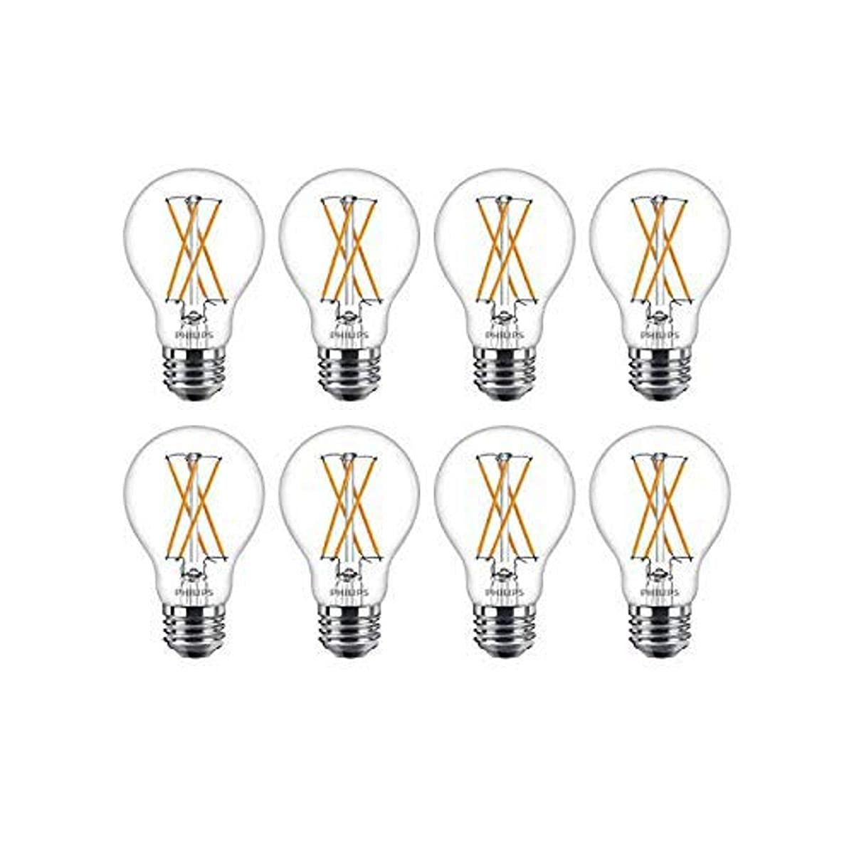 Philips LED Flicker-Free Dimmable Warm Glow Effect A19 Classic Glass Light Bulb, 800 Lumen, 2200-2700K, 8W=60W, E26 Base, Title 20 Certified, 8-Pack