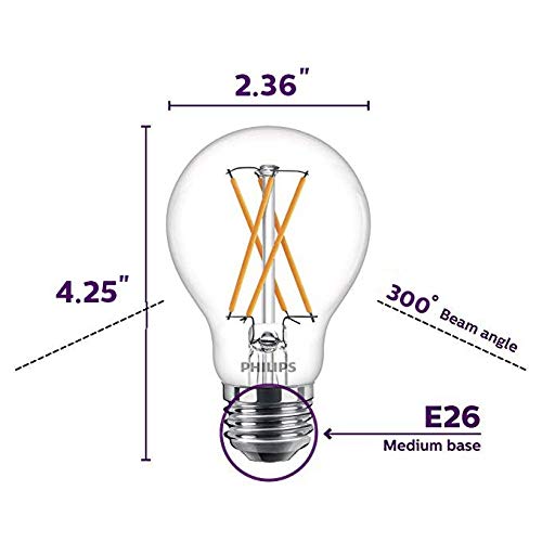 Philips LED Flicker-Free Dimmable Warm Glow Effect A19 Classic Glass Light Bulb, 800 Lumen, 2200-2700K, 8W=60W, E26 Base, Title 20 Certified, 8-Pack