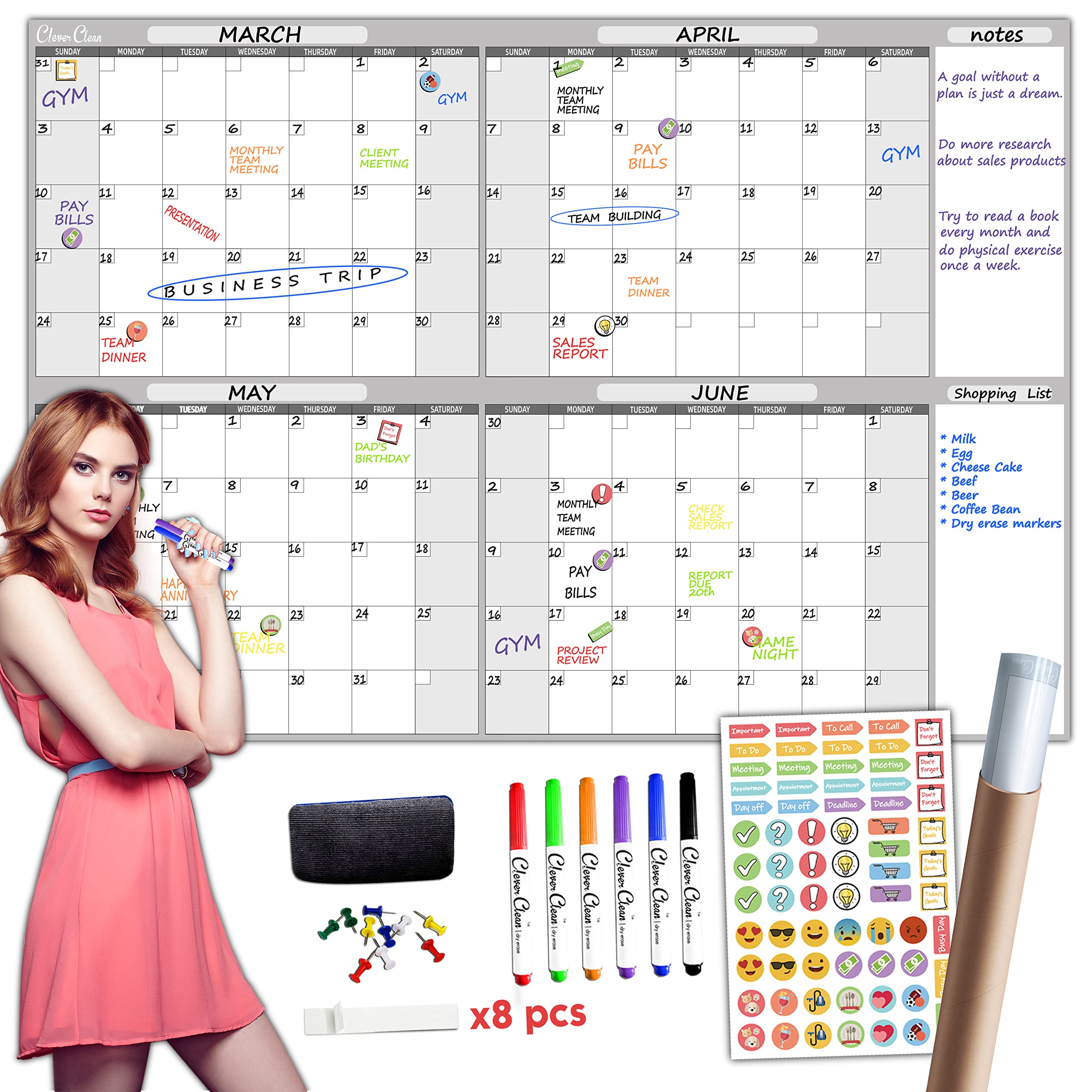 CLEVER CLEAN Large Dry Erase Wall Calendar - 36" x 52" Undated 4-Month Calendar for Home, Office, School - Reusable Jumbo Laminated Task Organizer