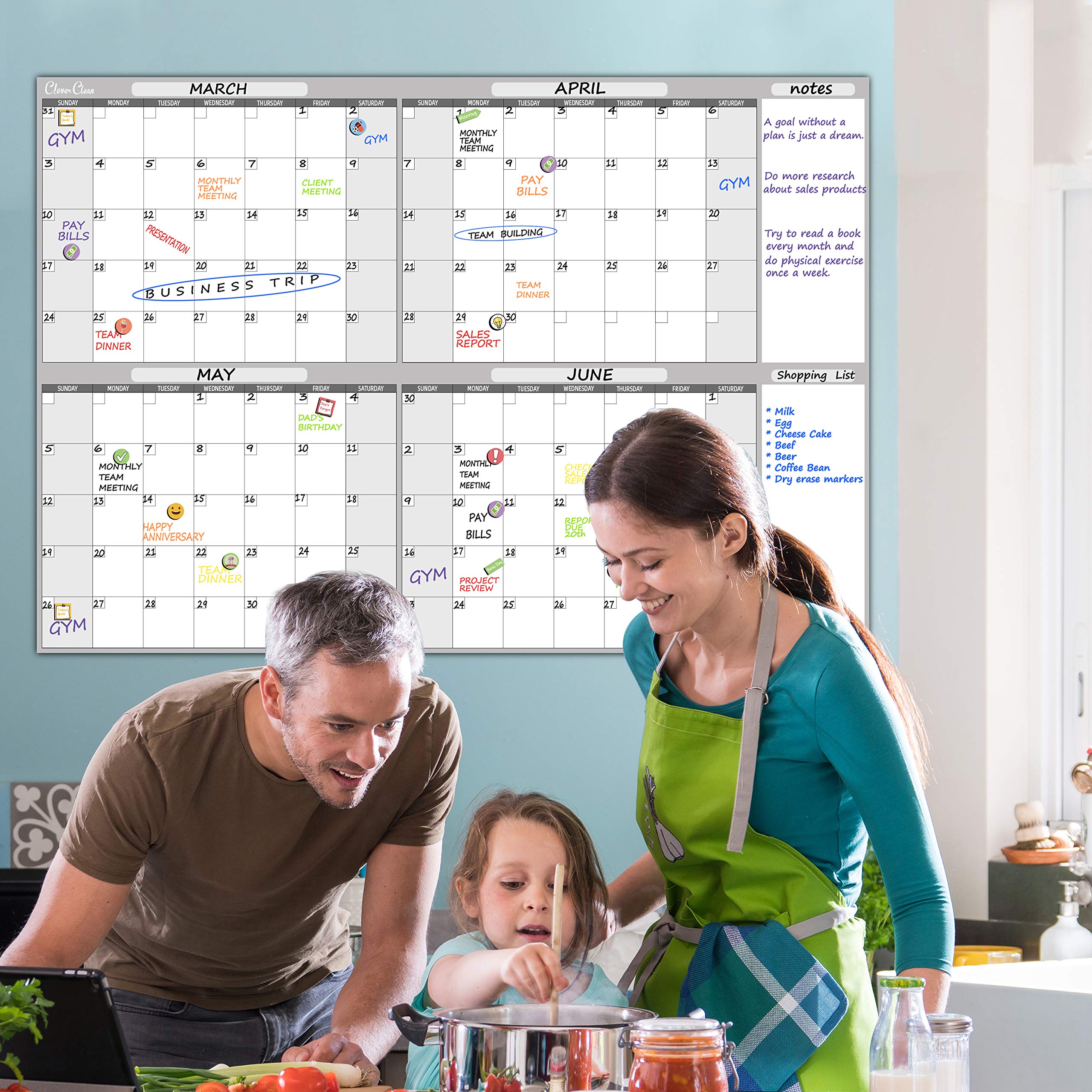 CLEVER CLEAN Large Dry Erase Wall Calendar - 36" x 52" Undated 4-Month Calendar for Home, Office, School - Reusable Jumbo Laminated Task Organizer